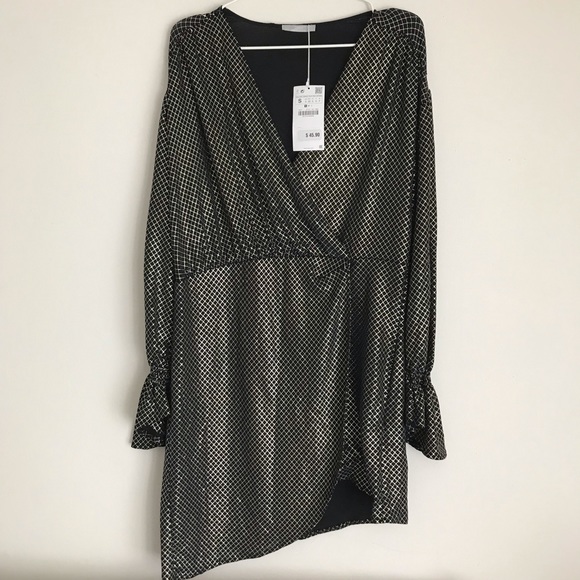Zara | Dresses | Zara Shiny Gold Print Wrap Minidress Tunic Sz S | Poshmark
